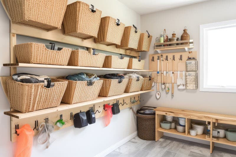 A Vertical Storage System with Baskets, Bins, and Hooks Stock Photo ...