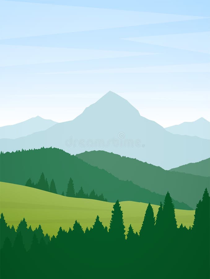 Vertical Summer Mountains Flat Cartoon Landscape with Pine Forest ...