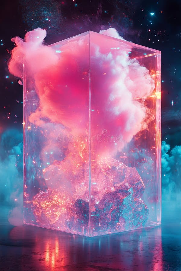 Pink Smoke Explosion Inside Glowing Crystal Cube with Refracted ...
