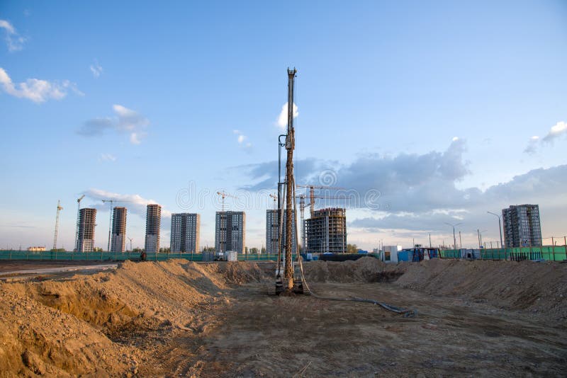Pile Foundation in Series at Construction Site with Pot Hole and Water ...