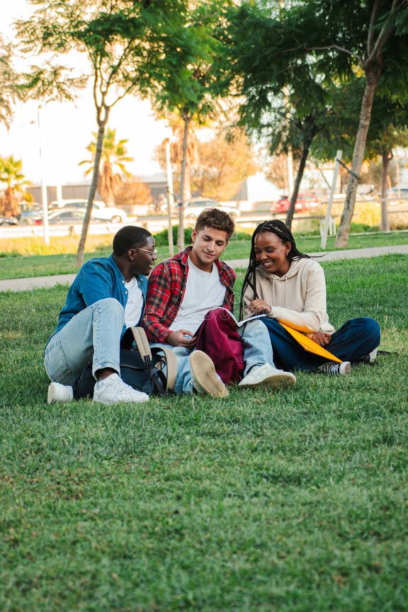 Vertical Three Young Students Studying and Doing Homework on a ...