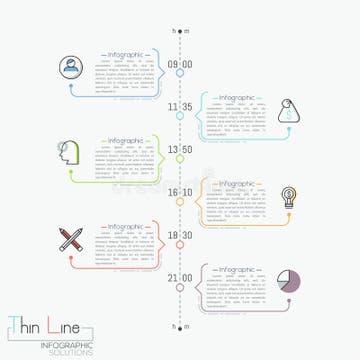 Vertical Timeline with Time Indication, Pictograms and Text Boxes Stock ...