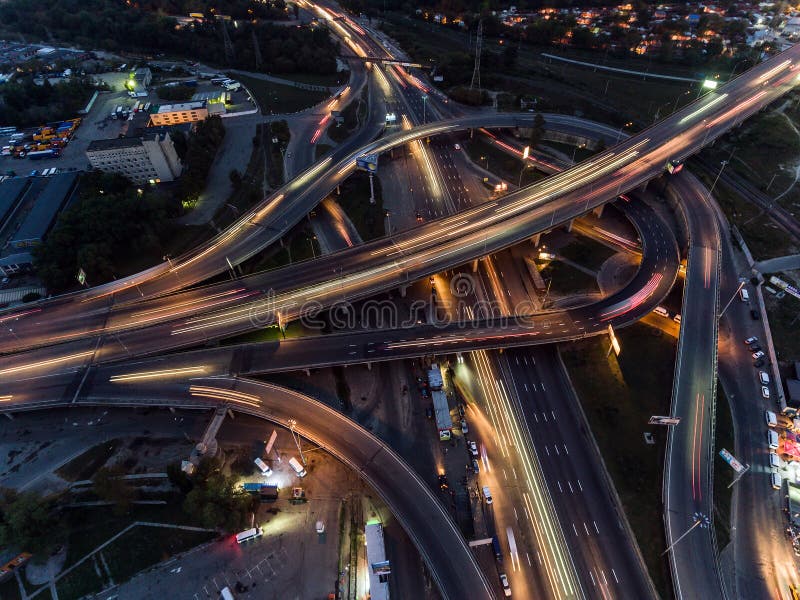 Vertical Top Down Aerial View of Traffic on Freeway Interchange at ...