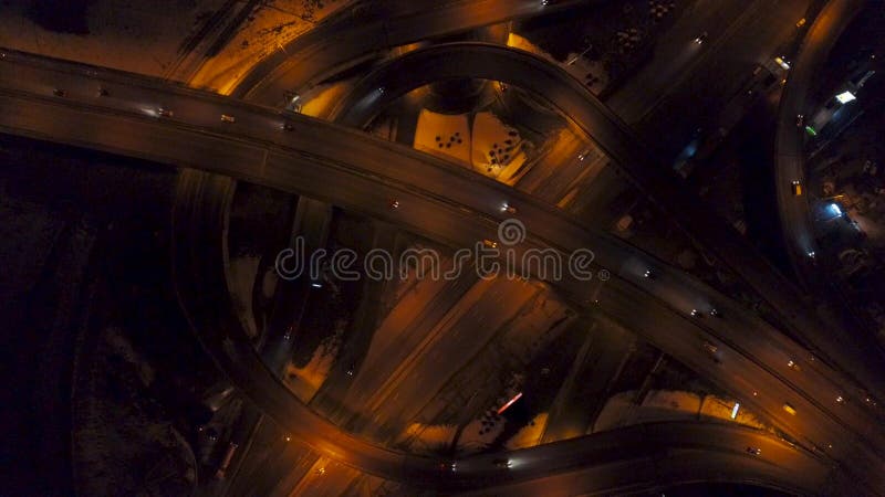Vertical Top Down Aerial View of Traffic on Freeway Interchange at ...