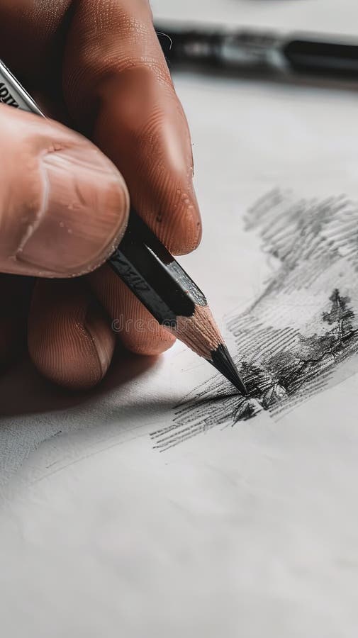 Vertical Top Down View of Hand Holding Pen Drawing on White Paper Stock ...