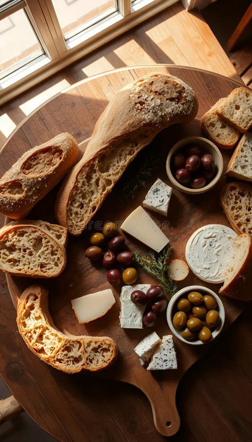 Rustic Cheese Board Assorted Artisan Bread Olives Window Stock Photos ...