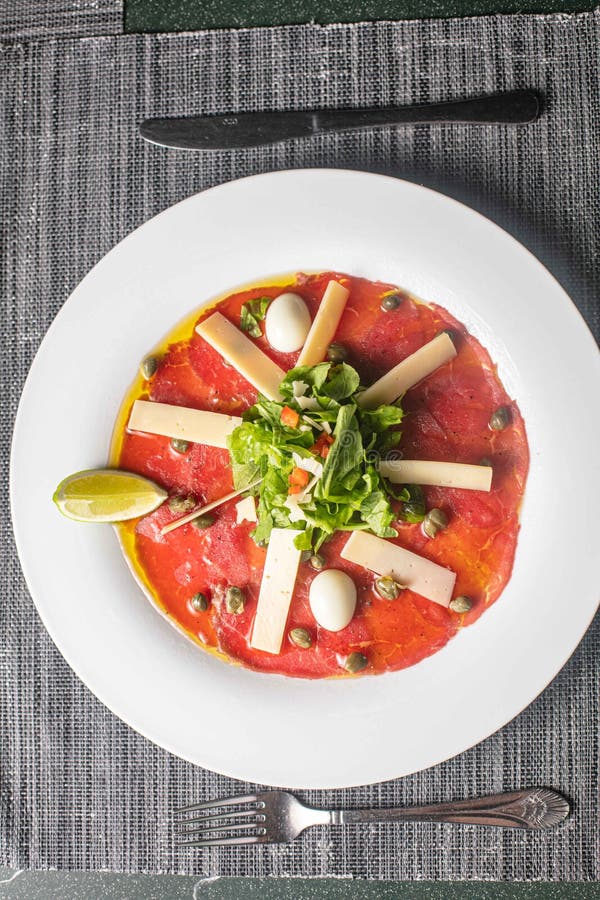 Vertical Top Shot of Italian Carpaccio at a Cafe Stock Image - Image of ...