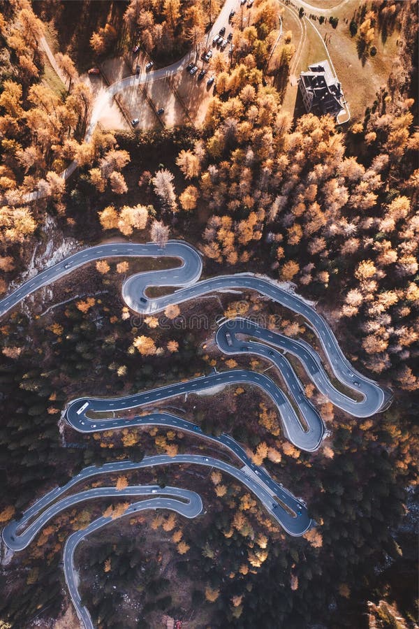 Vertical Top Shot of a Tortuous Highway Surrounded by Dense Vegetation ...