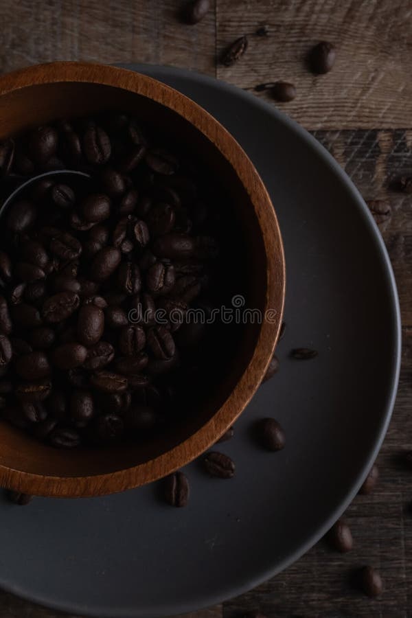 Vertical Top View of a Bowl of Coffee Beans on Plate Stock Image ...
