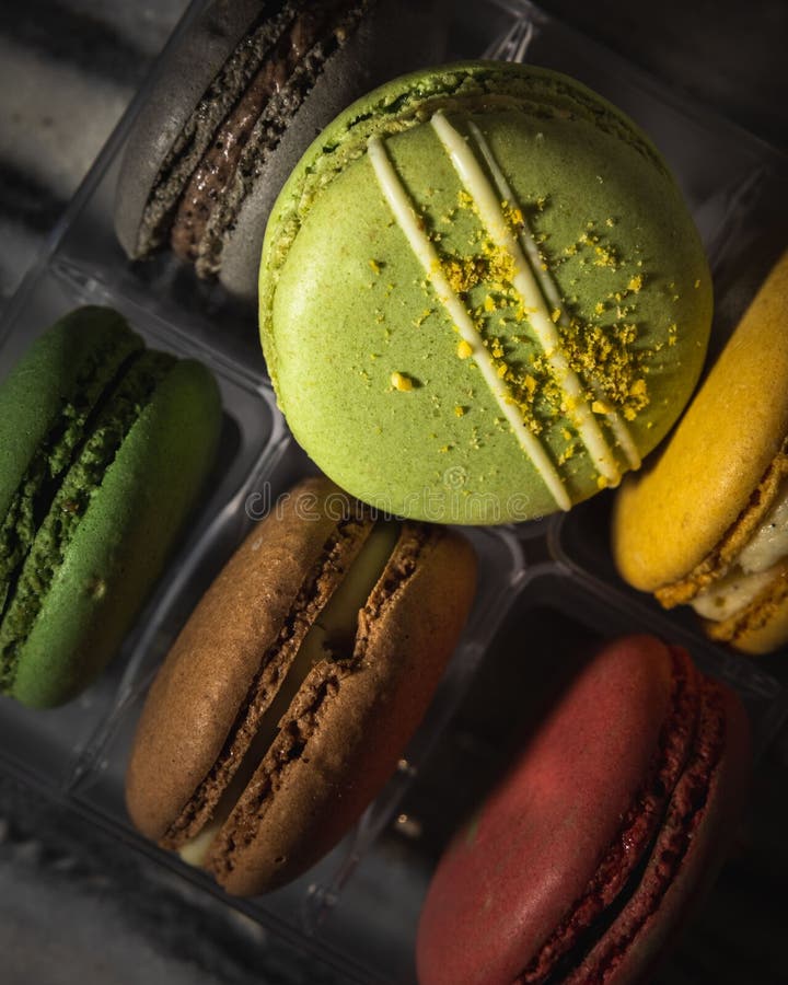 Vertical Top View of Colorful French Macarons in a Box Stock Image ...