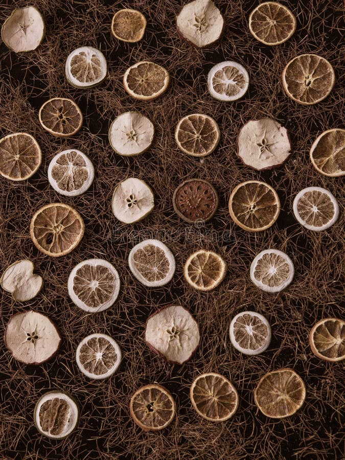 Vertical Top View of Different Dried Citruses and Apples in a Pattern ...