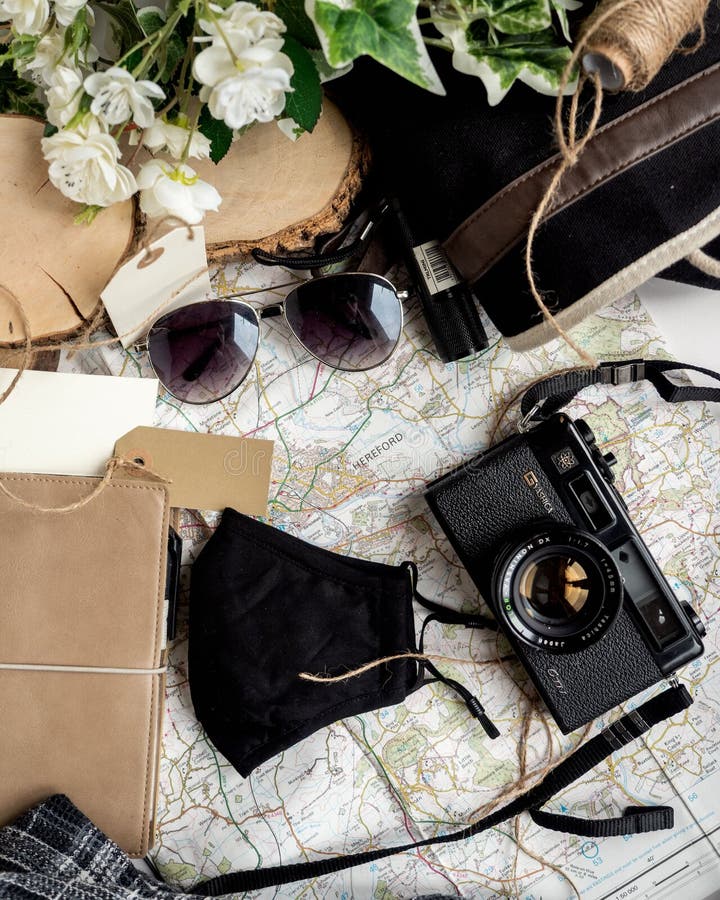 Vertical Top View of Different Objects for Travel Preparations Like Map ...