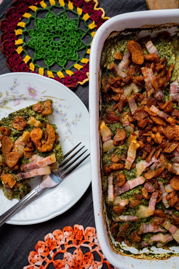 Vertical Top View of Fresh Baked Bacon and Spinach Casserole on the ...