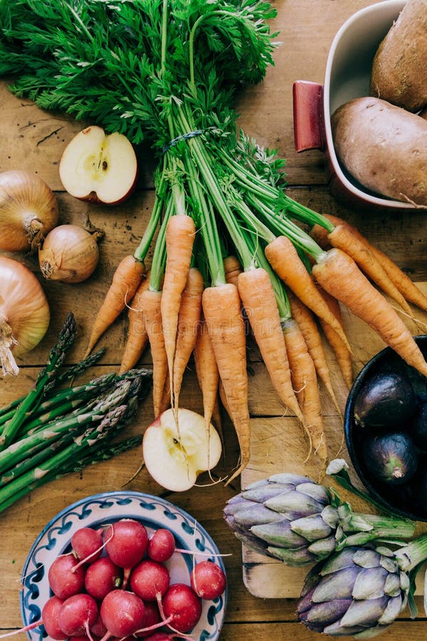 Vertical Top View of Fruits and Vegetables on a Wooden Table Stock ...