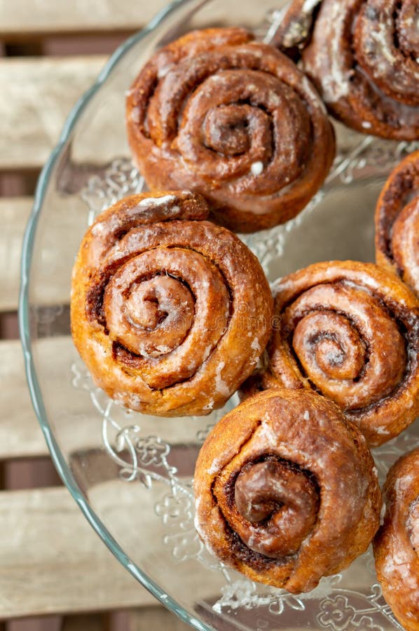 Vertical Top View of Homemade Cinnamon Rolls in a Plate Stock Image ...