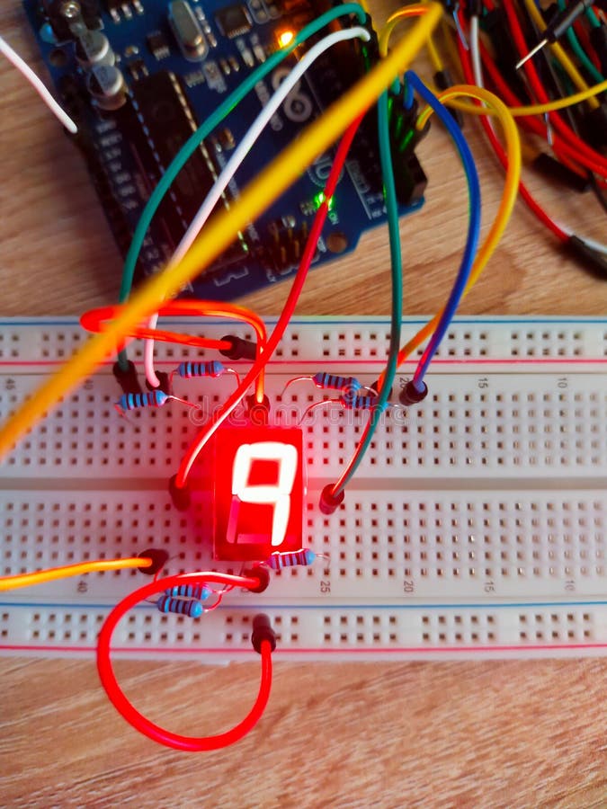 Vertical Top View of Number Nine on Seven Segment Display Breadboard ...