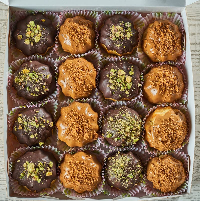 Vertical Top View of a Plate of Profiterole with Different Sort of ...