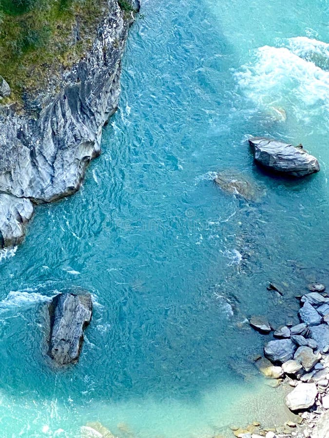 Vertical Top View of a River with Blue Water and Rocks. Stock Image ...