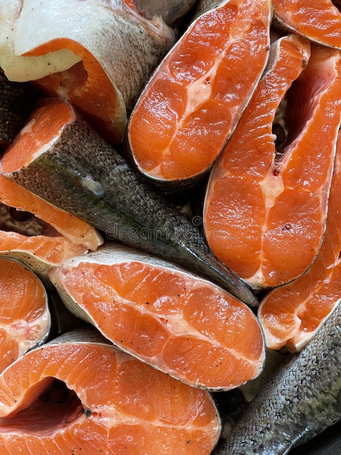 Vertical Top View of Sevan Trout Cut in Half, Ready To Be Cooked Stock ...