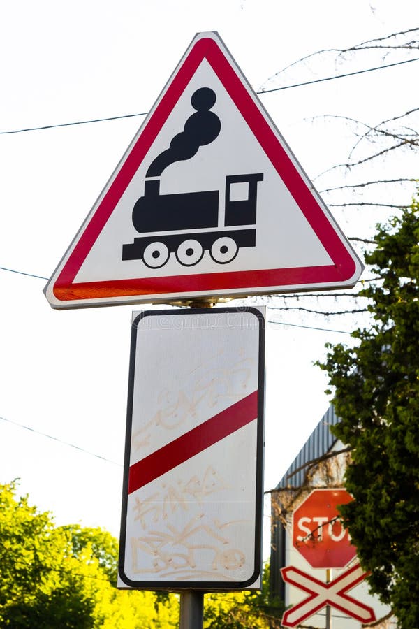 Vertical Traffic Road Sign with a Train on Sky Stock Image - Image of ...