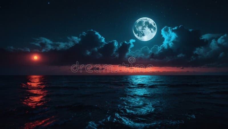 Vertical Triptych of Night Ocean Scenes with Moon and Person Standing ...