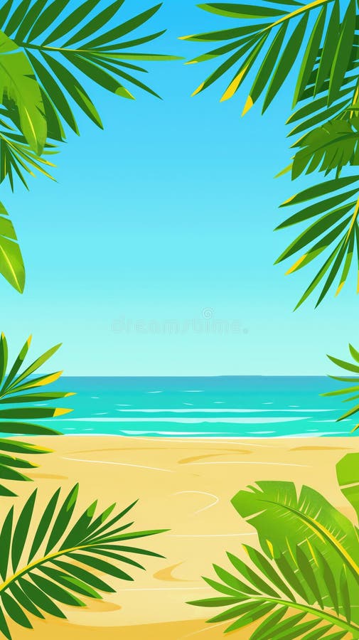 Vertical Tropical Beach Wallpaper with Green Palm Leaves and Copy Space ...