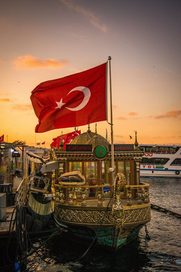 Vertical of the Turkish Boat with a Flag on Sunset. Editorial Image ...