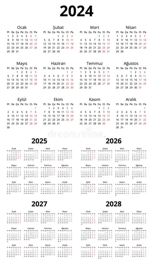 2024, 2025, 2026, 2027, 2028 Vertical Turkish Calendars. Printable ...