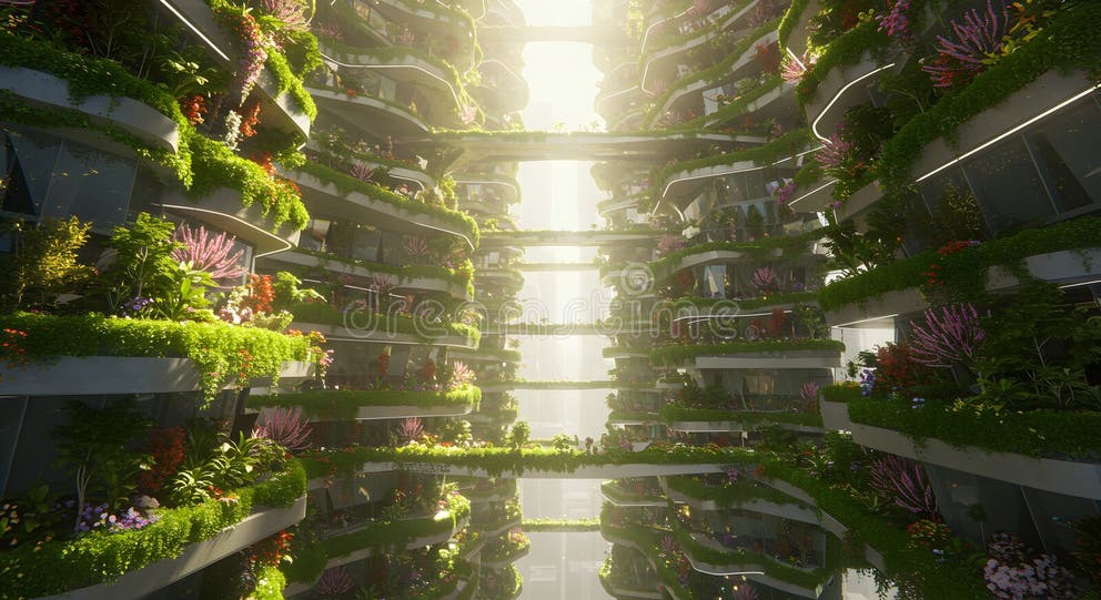 Vertical Urban Ecosystem with Lush Greenery and Interconnected ...