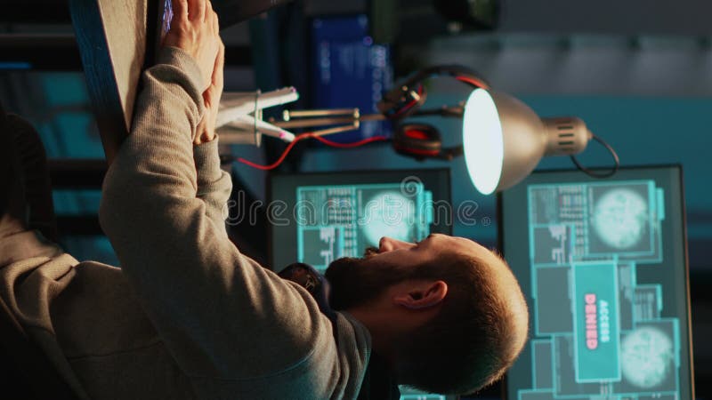 Frustrated Hacker Using Computer To Break into Corporate Data Servers ...