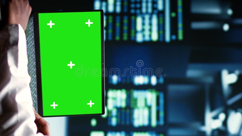 Engineer Using Green Screen Laptop Stock Footage - Video of server ...