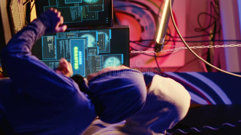 Vertical Video Hackers in Neon Lit Hideaway Stock Video - Video of ...