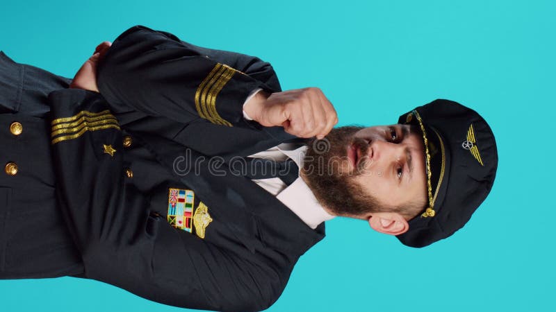 Vertical Video: Male Aviator in Uniform Thinking about Solution Stock ...