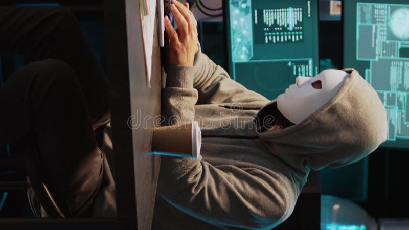 Vertical Video: Masked Person Hacking Computer Network at Night Stock ...
