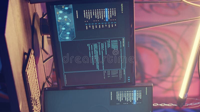 Vertical Video PC Monitors in Neon Lit Warehouse Stock Video - Video of ...