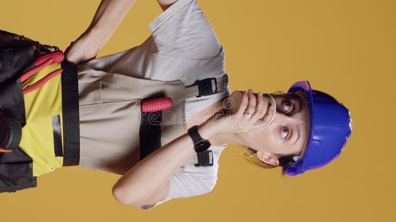 Vertical Video: Portrait of Powerful Constructor Drinking Cup of Coffee ...