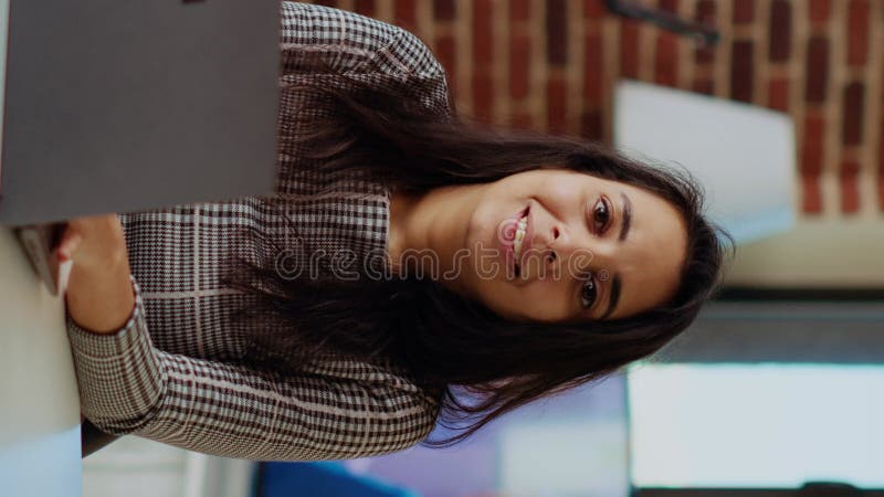 Vertical Video Portrait of Teleworker Checking Emails on Laptop while ...