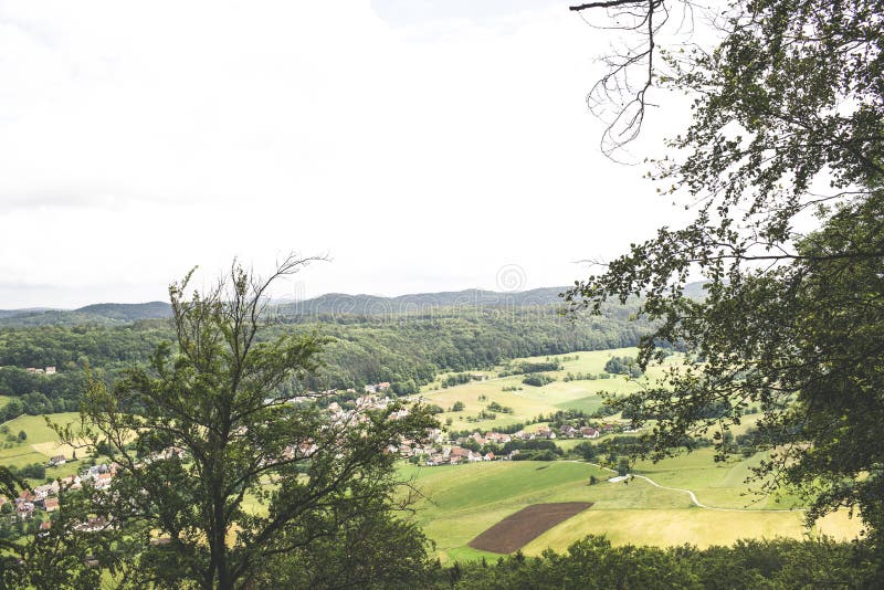 Vertical View of an Agricultural Field beside a Lake in a Valley Stock ...