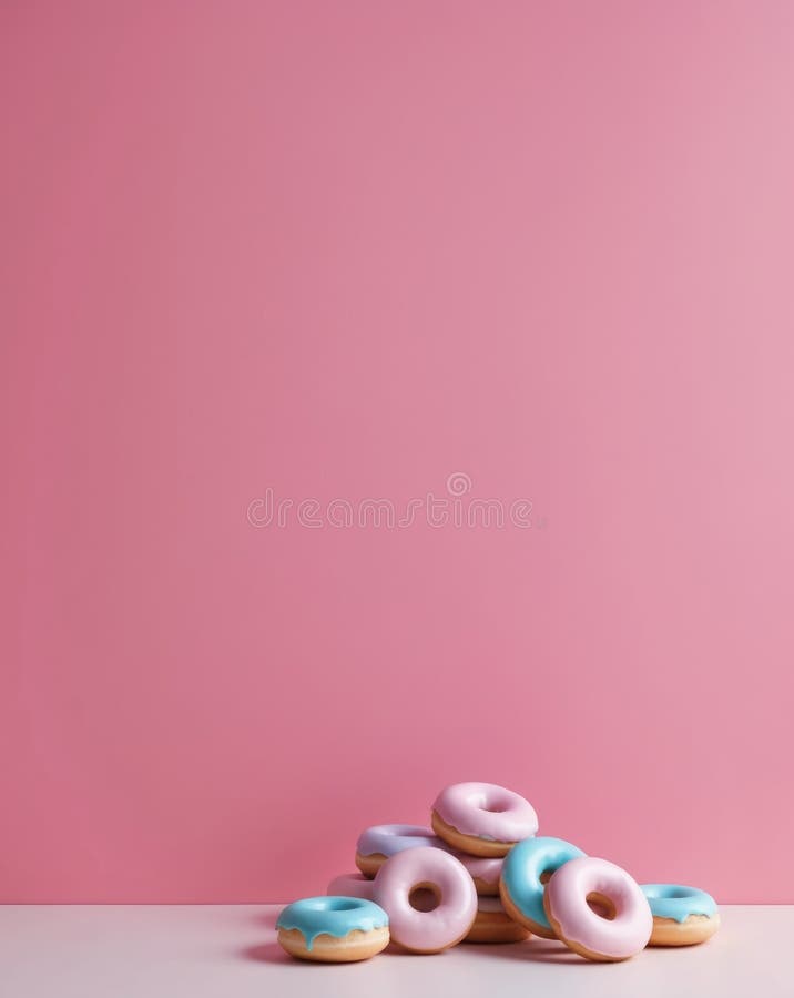 Vertical View of Bunch of Donuts of Pink and Blue Pastel Colors on Pink ...