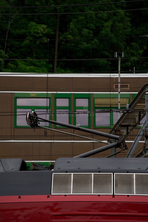 Vertical View of Cables of an Electrical Red Train Editorial ...
