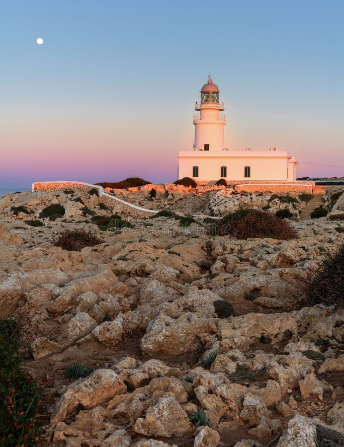 Vertical View of the Cap De Cavalleria Lighthouse on Menorca at Sunset ...