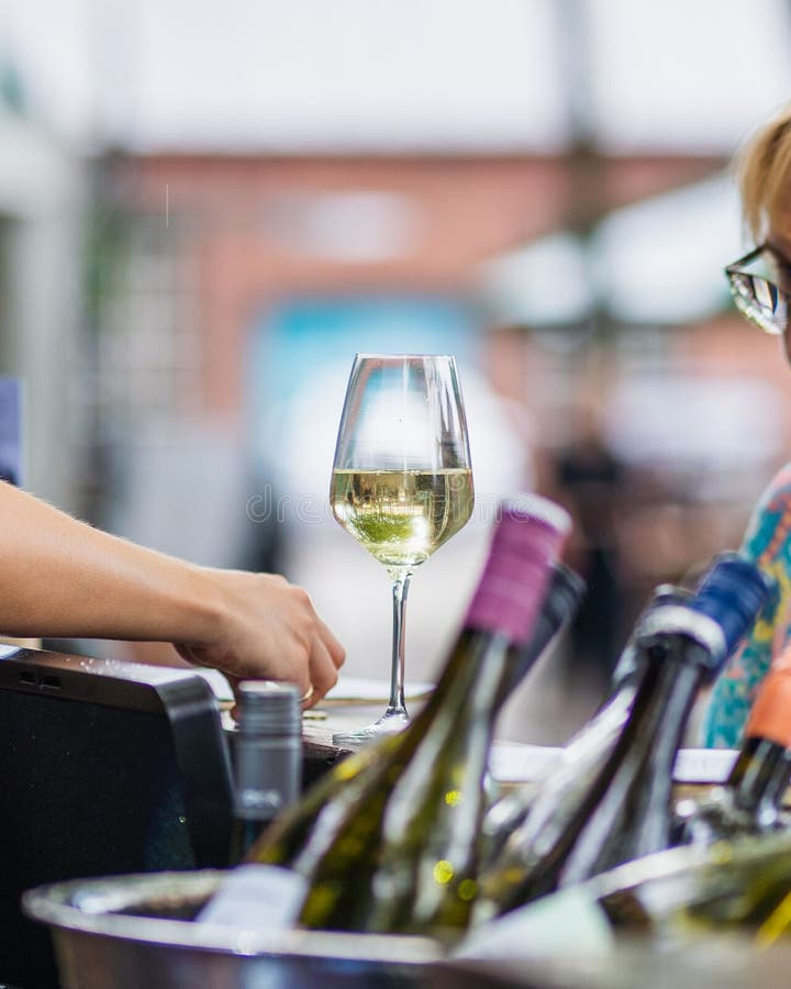 Vertical View of a Glass of White Wine Served on the Winery Counter ...