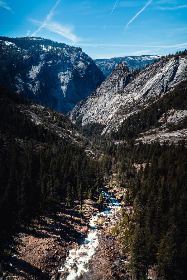 Vertical View of Merced River Flowing through the Valley Under the Blue ...