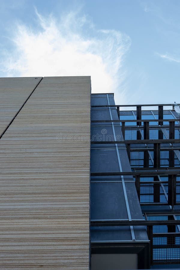 Vertical View of Modern Building from Down Under Blue Cloudy Sky Stock ...
