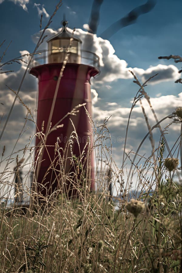 Vertical View of a Red Lighthouse in the Wild Grass Under the Blue Sky ...