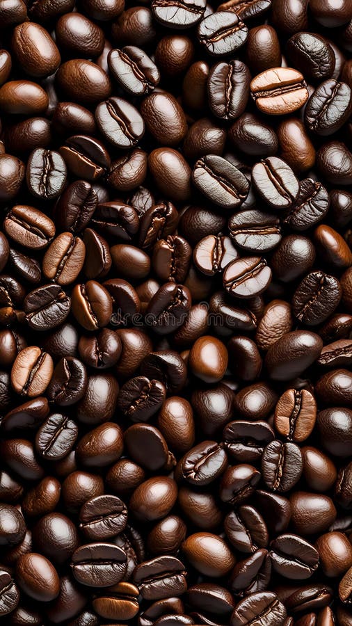 Vertical View of Roasted Coffee Beans with Rich Brown Color and Glossy ...