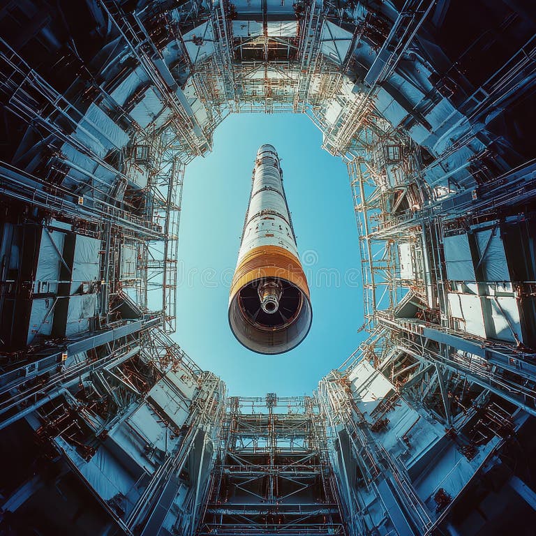 Vertical View of a Rocket Inside Launch Structure from Below Stock ...