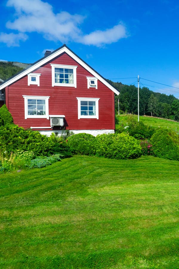 Vertical View of Scandinavian Style House on Green Hill Stock Image ...