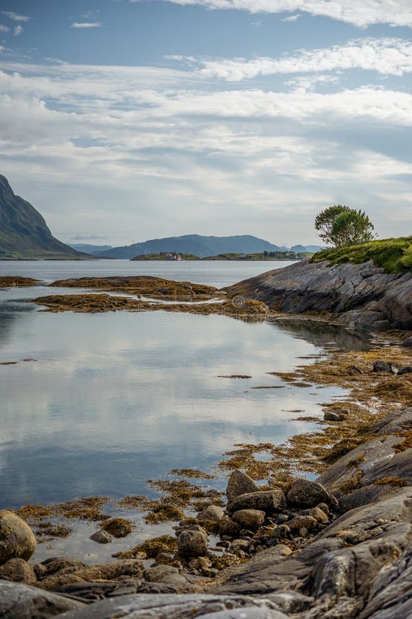Vertical View of Sea Bay Lake Surrounded by Mountains Sunny Day Stock ...
