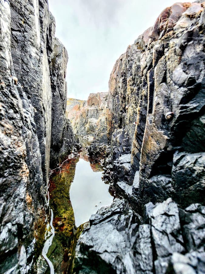 Vertical View through Steep Rocks of a Narrow River Flowing through ...